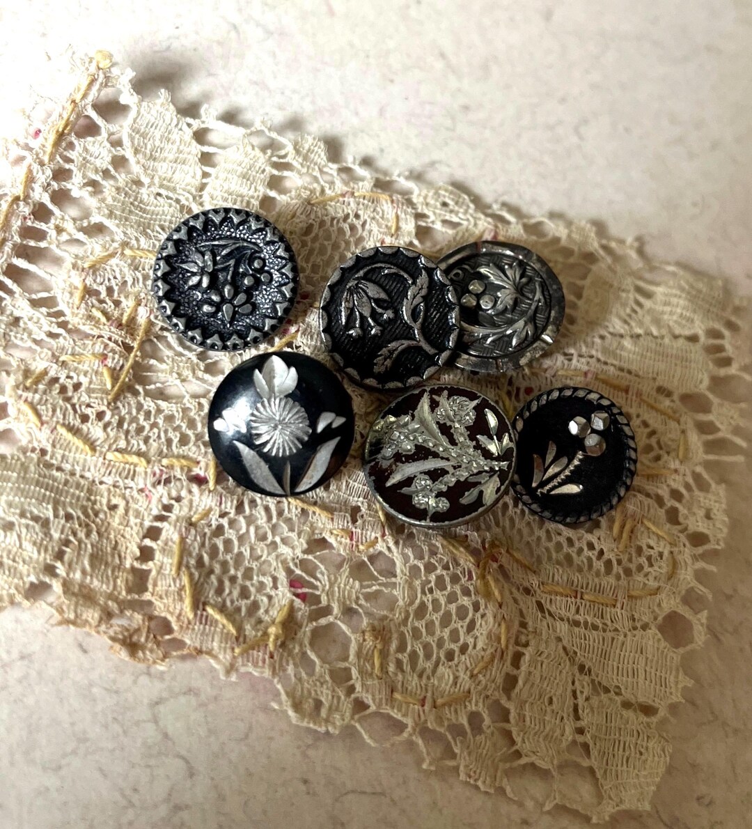 Antique Victorian Metal Picture Buttons, Lot of 6 Floral Motif Buttons ...