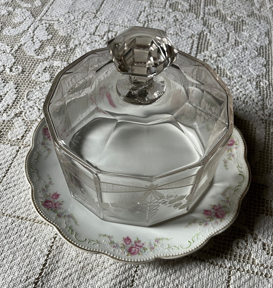 Vintage Glass Cloche With Beautiful Etched Floral Swag Design, Knob on ...