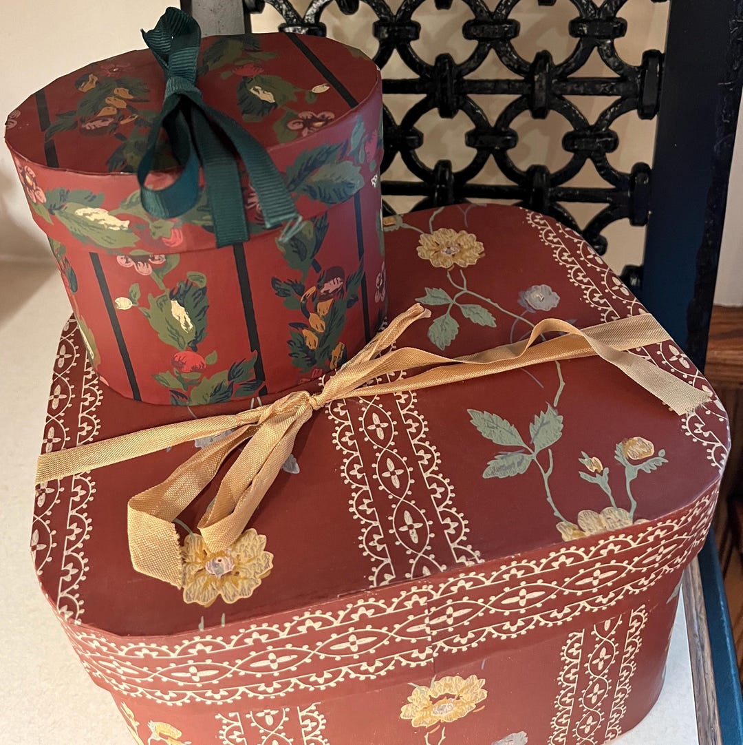 Handmade Pair of Mismatched Band Boxes, With Rust Wallpaper With Green ...