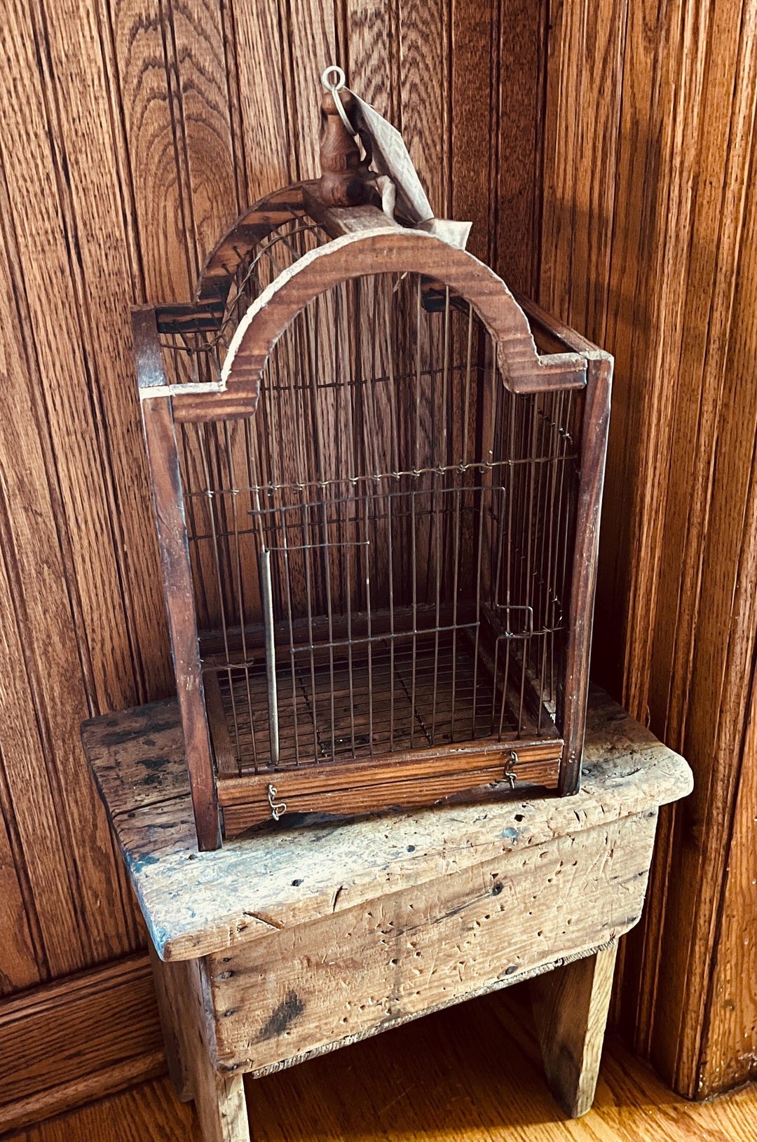 Antique Wooden Bird Cage With Wire Bars, Hinged Door and Base, Domed ...