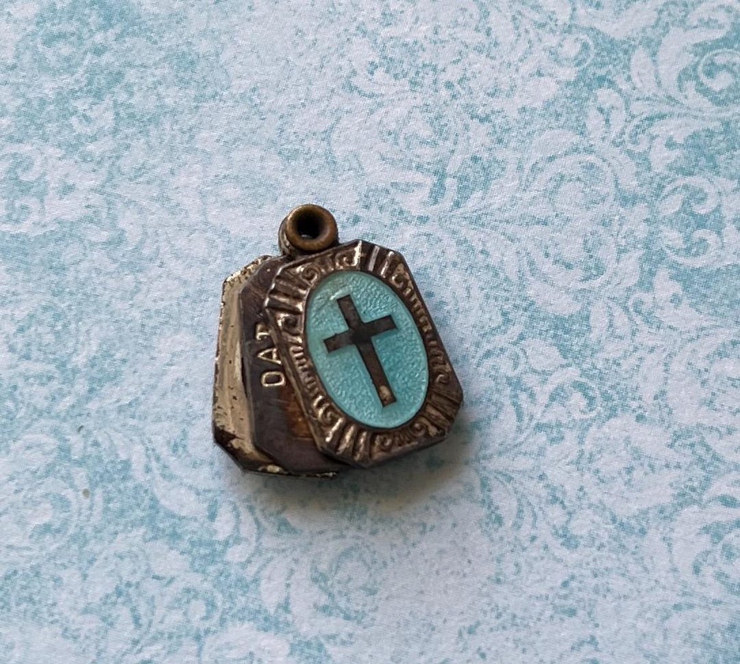 Vintage Sterling Sliding Mini Medal for Baby, Blue Enamel With Cross ...
