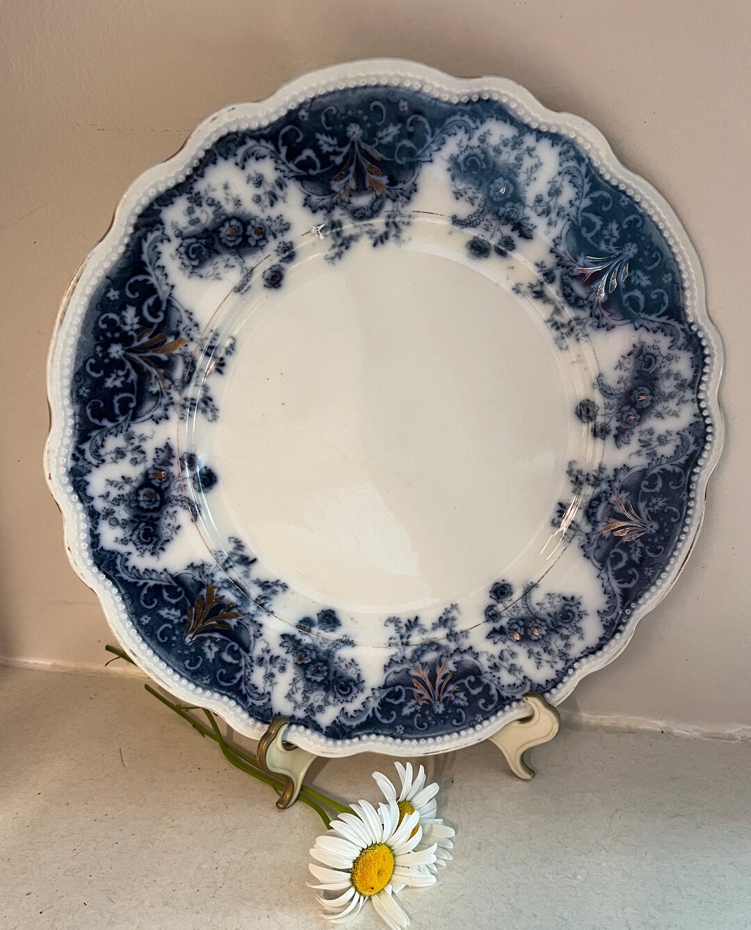 Antique Flow Blue China Dinner Plate With Scalloped Edge and Gold ...