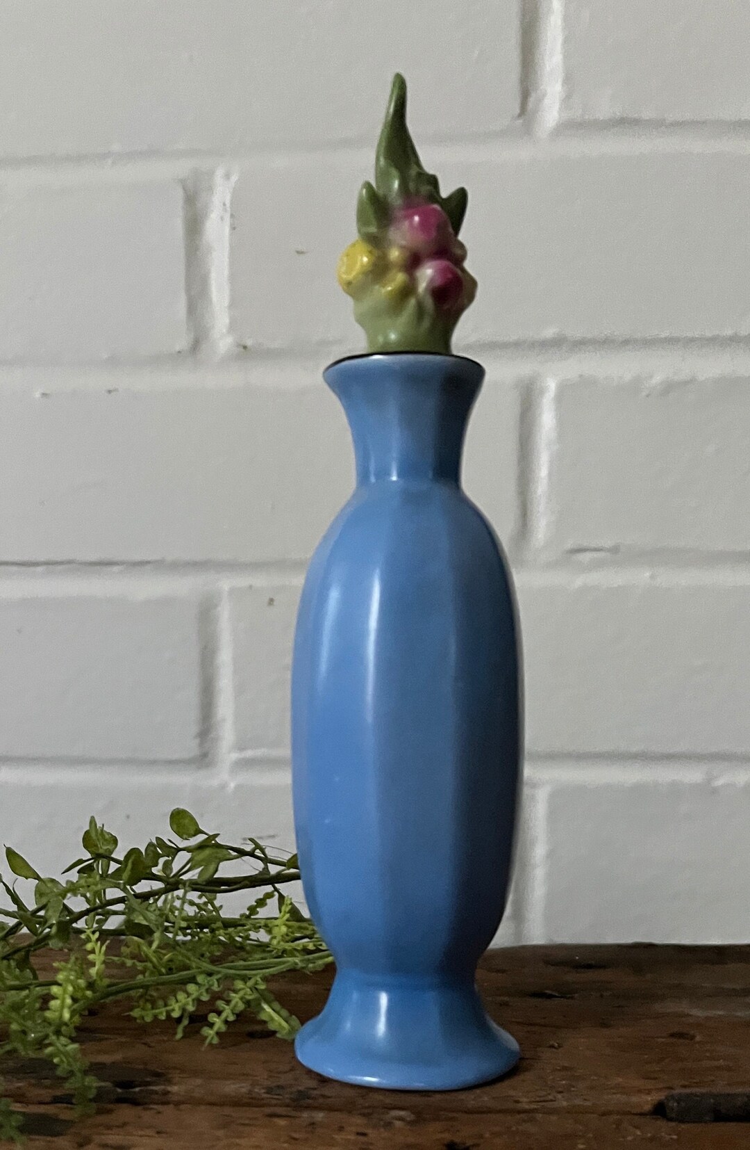 Antique Blue Ceramic Perfume Bottle With Faceted Design, Ceramic Floral ...