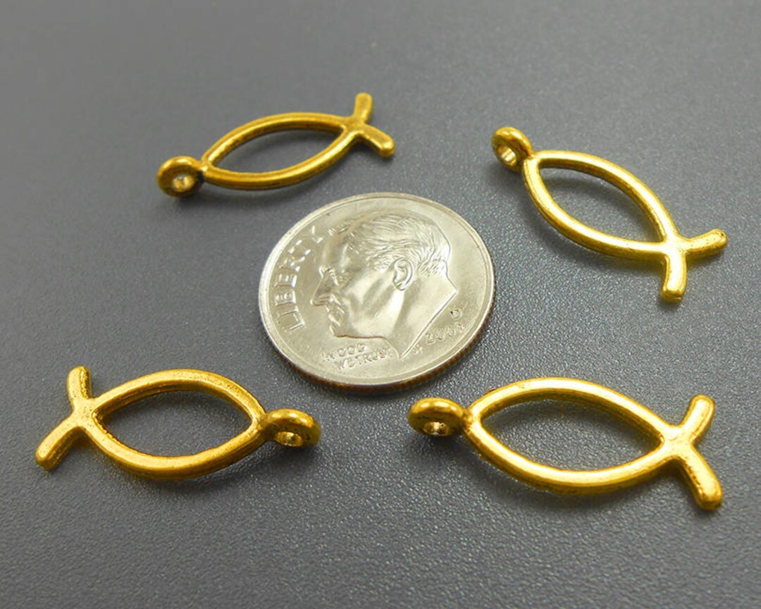 12 Gold Christian Fish Charms 2-sided Ichthys Jesus Fish Goldtone Metal ...