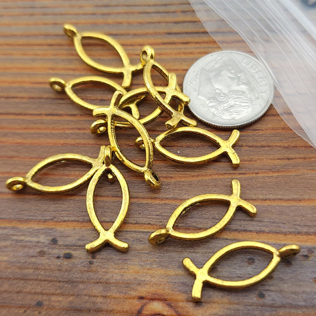 12 Gold Christian Fish Charms 2-sided Ichthys Jesus Fish Goldtone Metal ...
