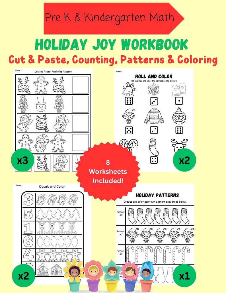 FUN Holiday Math Workbook for Kids | Cut & Paste, Counting, Patterns ...