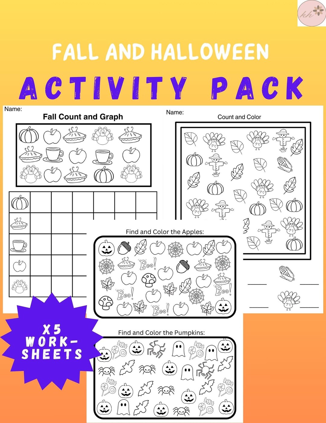 Fall and Halloween Kids Activity Pack | Math Sheets - Etsy