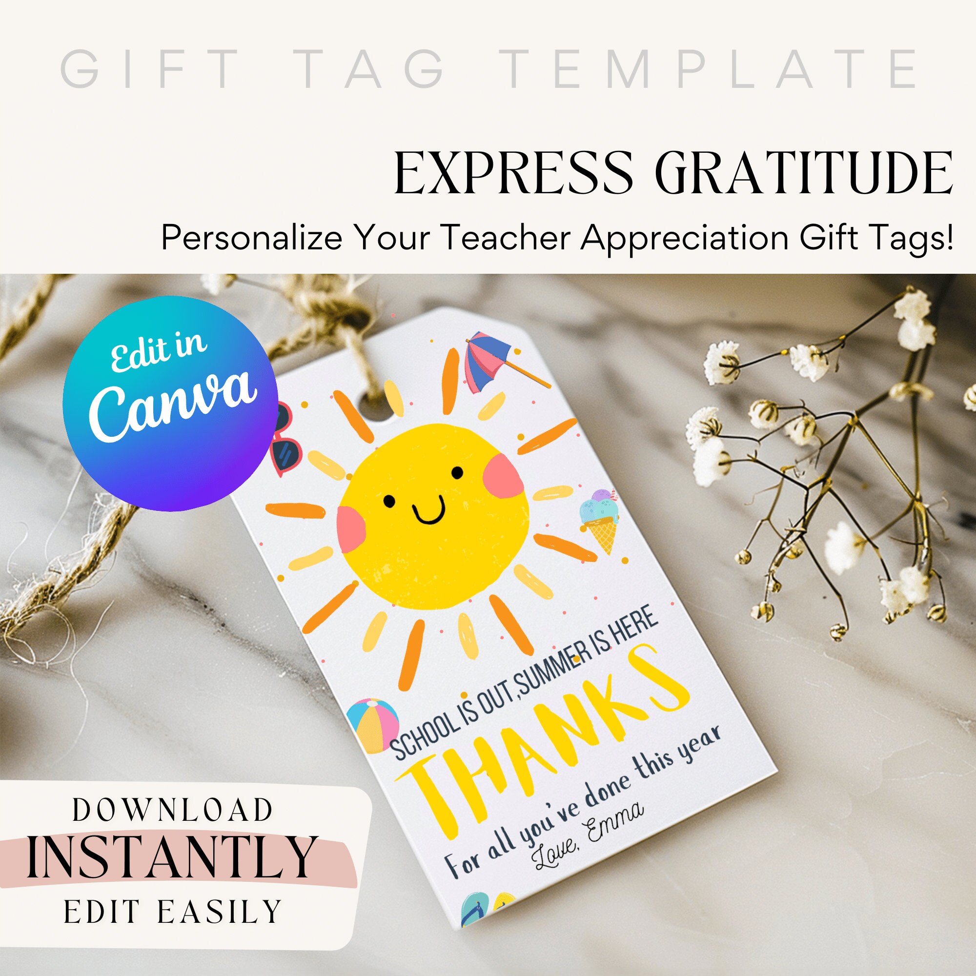 Teacher Appreciation Gift Tag, Ummer Sun Gift Tag, Sunshine Thank You ...