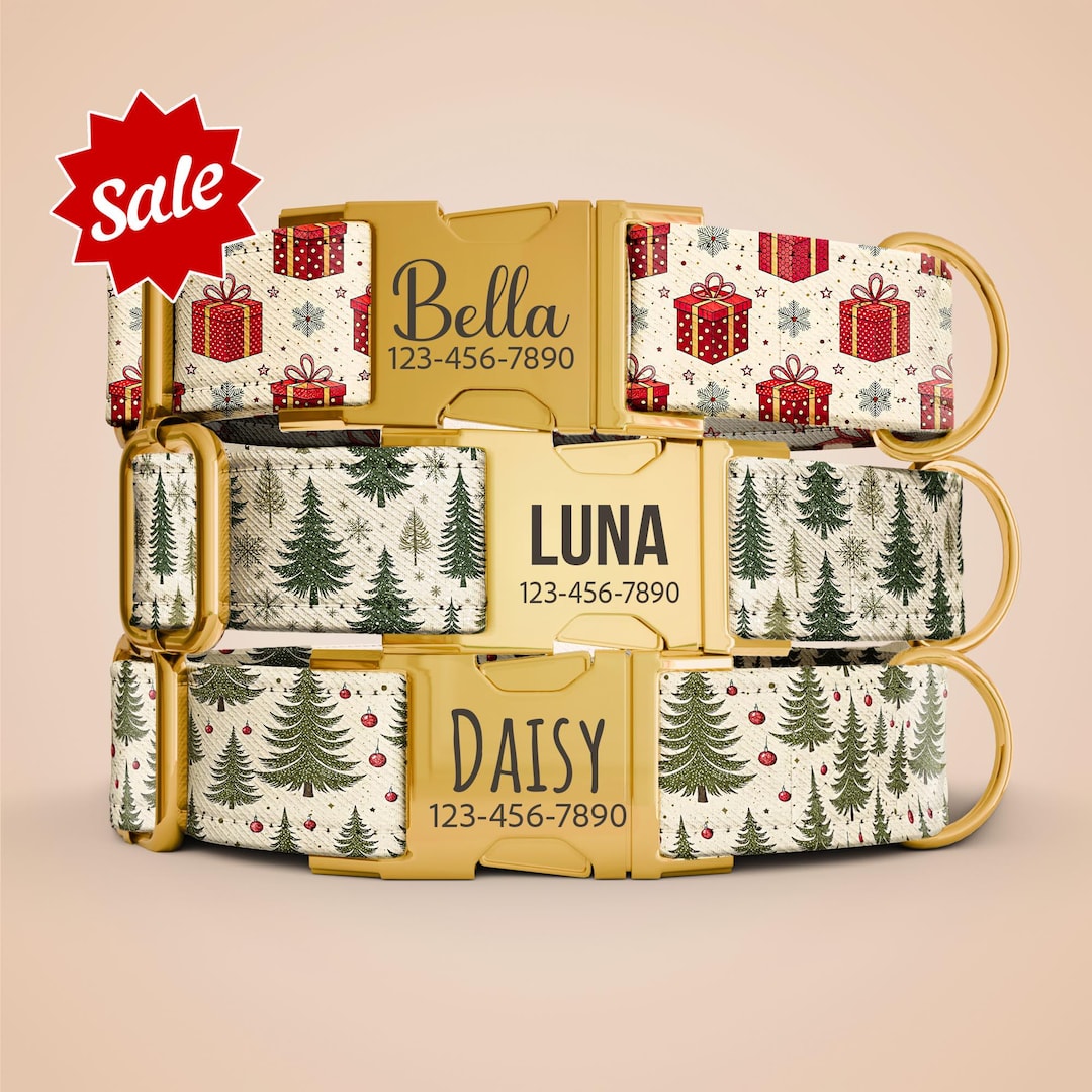Personalized Christmas Dog Collar With Leash: Green Red Xmas Trees ...