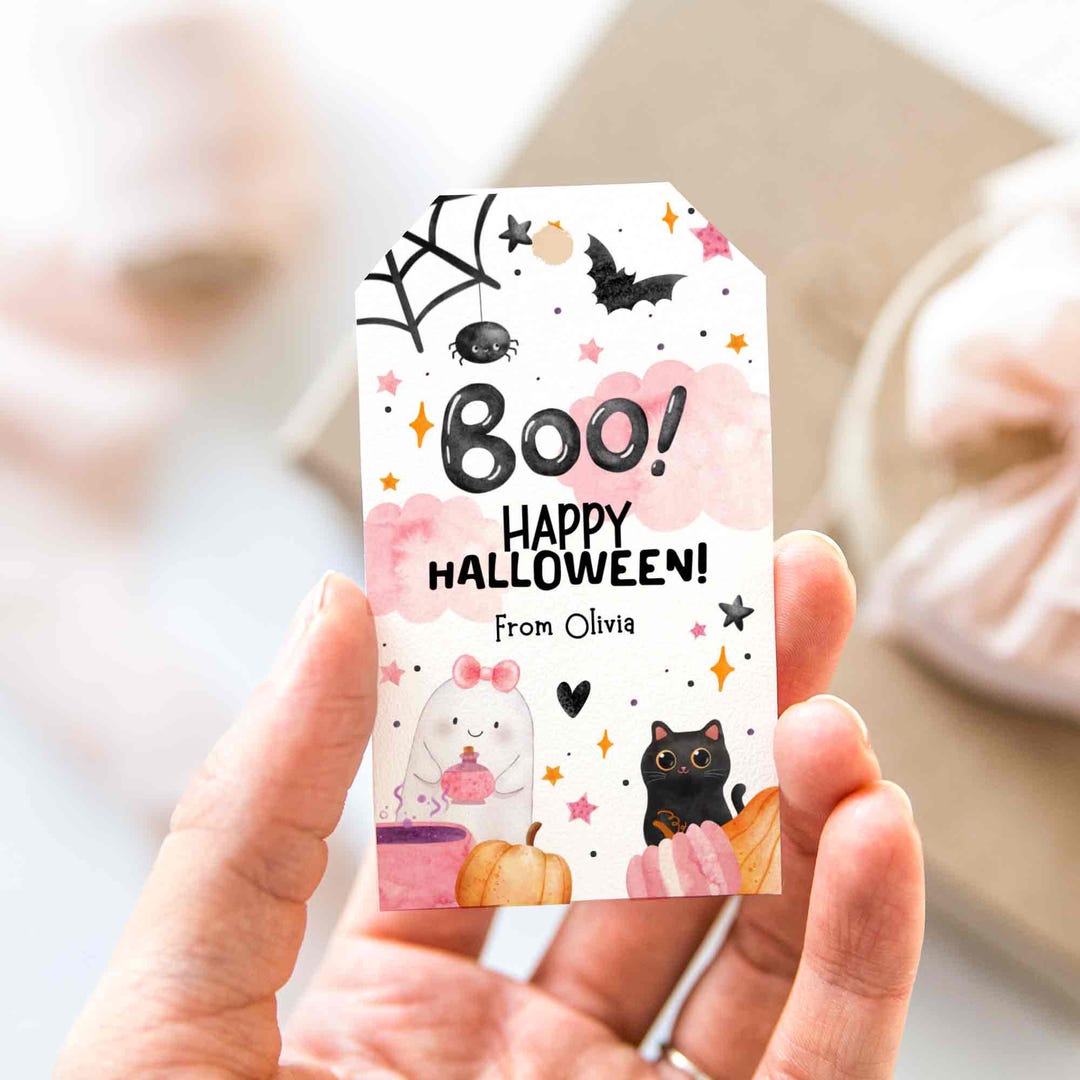 Editable Pink Halloween Favor Tags, Boo Gift Tags, Printable Girly ...
