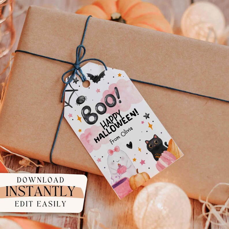 Editable Pink Halloween Favor Tags, Boo Gift Tags, Printable Girly ...
