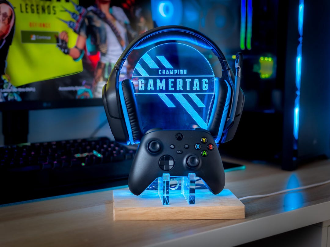 Personalised Headset Controller Stand, RGB LED Gaming Station Console ...
