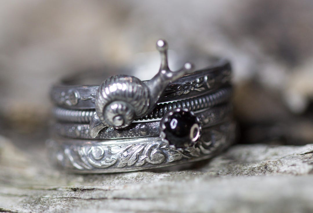 Snail Ring Set* Solid Sterling Silver * Smokey Quartz * Stacking Rings ...