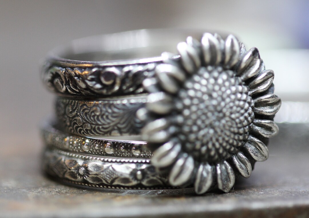 Sunflower Ring * Solid Sterling Silver * Stacking Ring Set of 4 * Any ...
