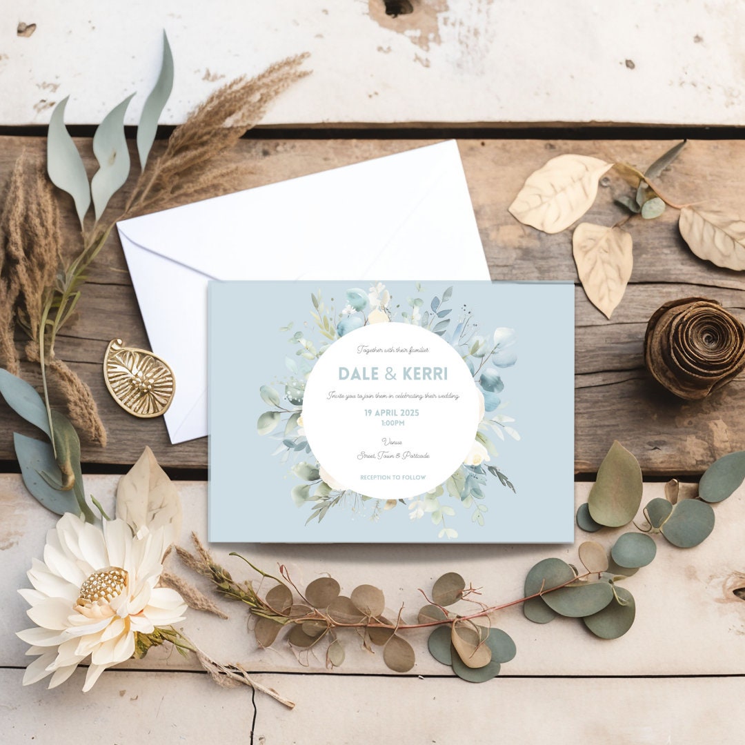 Customisable Blue & Cream Wedding Invitations - Etsy