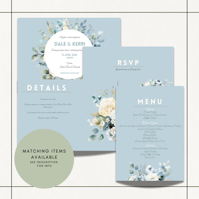 Customisable Blue & Cream Wedding Invitations - Etsy