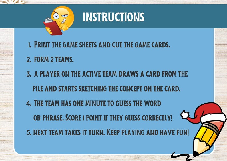 100 Christmas Pictionary Cards, Printable Sketch and Guess Cards, Fun ...