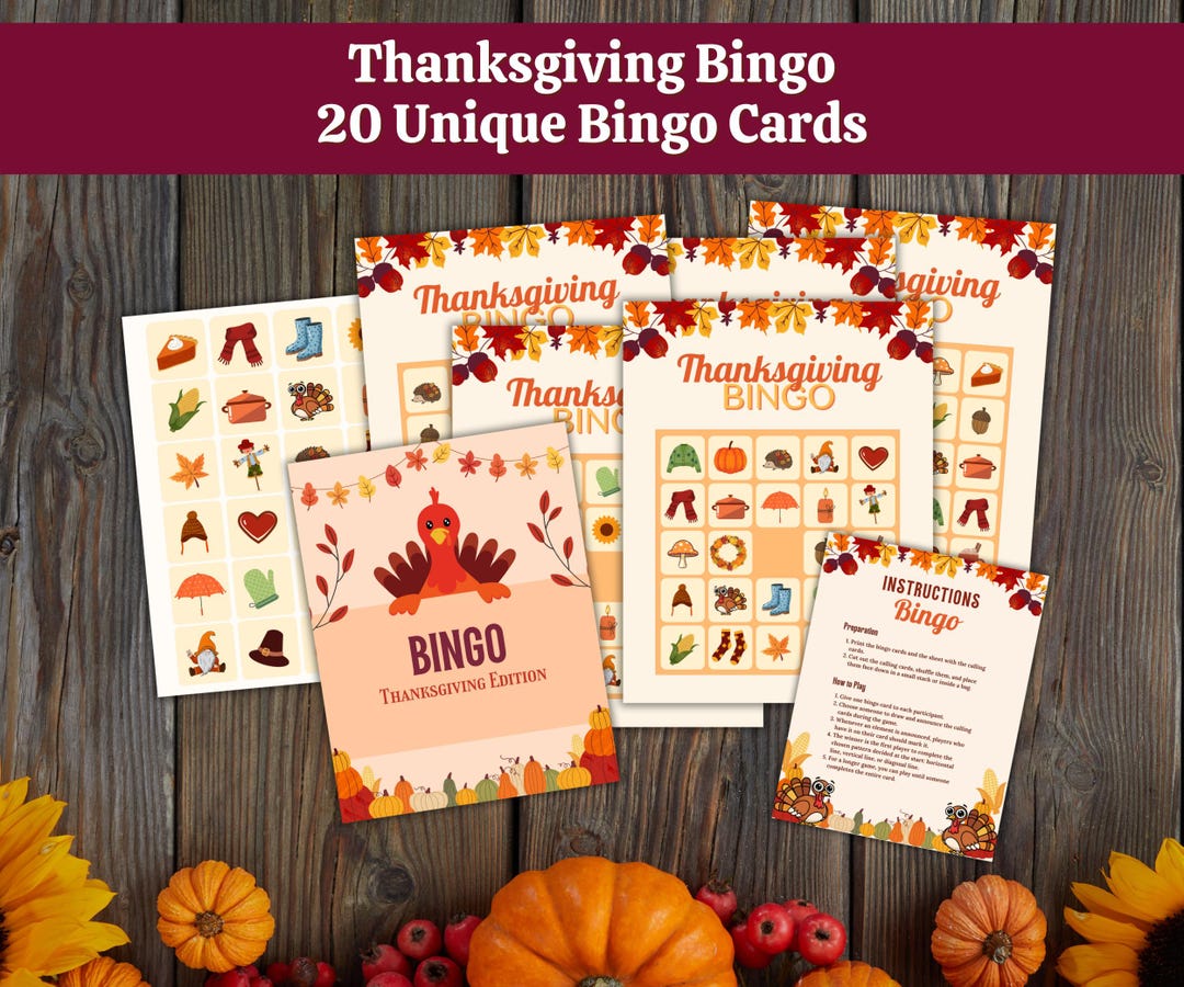 Thanksgiving Bingo Game for Family Party, 20 Printable Bingo Cards ...