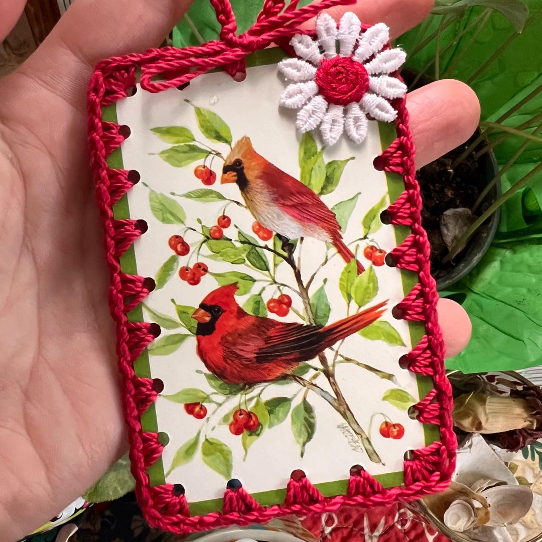 Vintage Cardinal Playing Card / Ornament / Tag / Bookmark Crochet Edge ...
