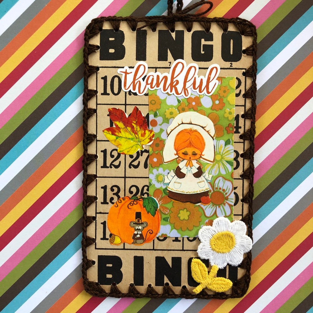 Vintage Thanksgiving Collage Hallmark Pilgrim Girl With Pumpkin Bingo ...