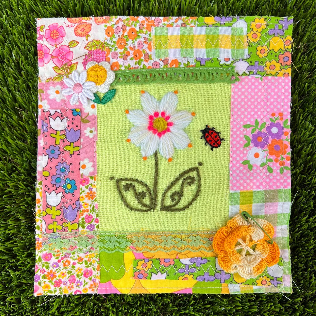 Vintage Flower Crewel - Calico Fabric Collage - Art - Wall Hanging ...