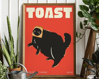 Cat With Toast Bread Poster, Ouirky Wall Art, Dorm Room Decor, Retro ...