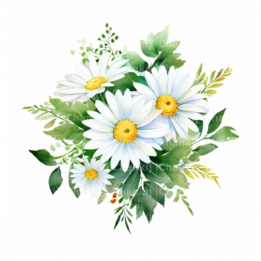 10 Daisy Flowers Bouquet Clipart, Watercolor Daisy Illustration ...