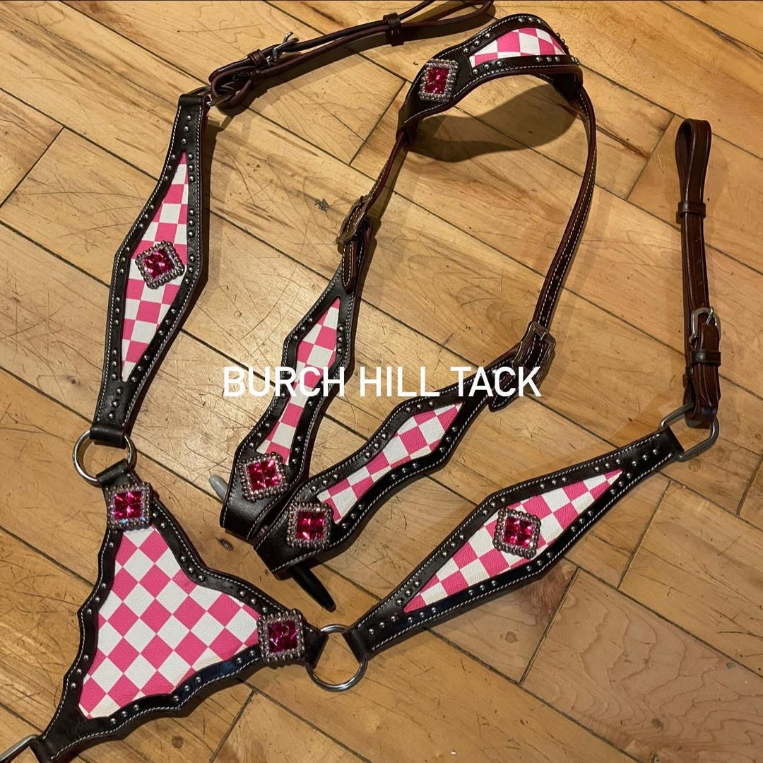 Pink Checkered Gladiator One Ear Western Tack Set Headstall Breast ...
