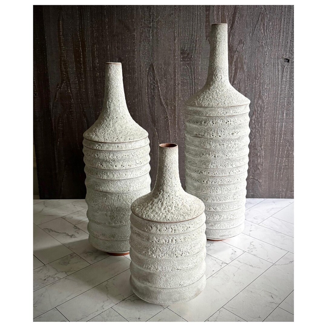 SHIPS NOW- 3 Large Stoneware Bottle Vases in White Crater - Textural ...