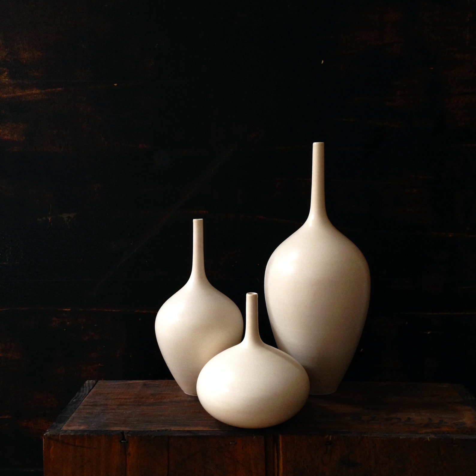 Set of 3 Small Ceramic Bottle Vases, Glazed in a Organic White Matte by ...