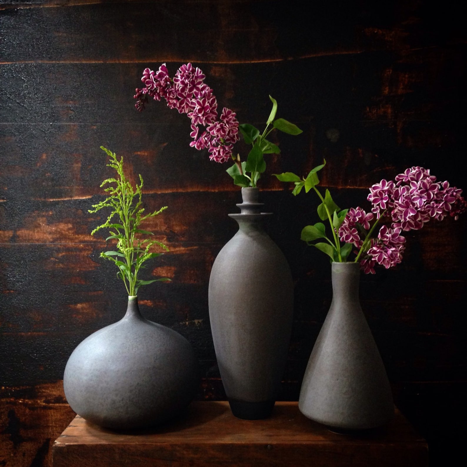Set of 3 Stoneware Tall Geometric Slate Black Matte Vases by Sara ...