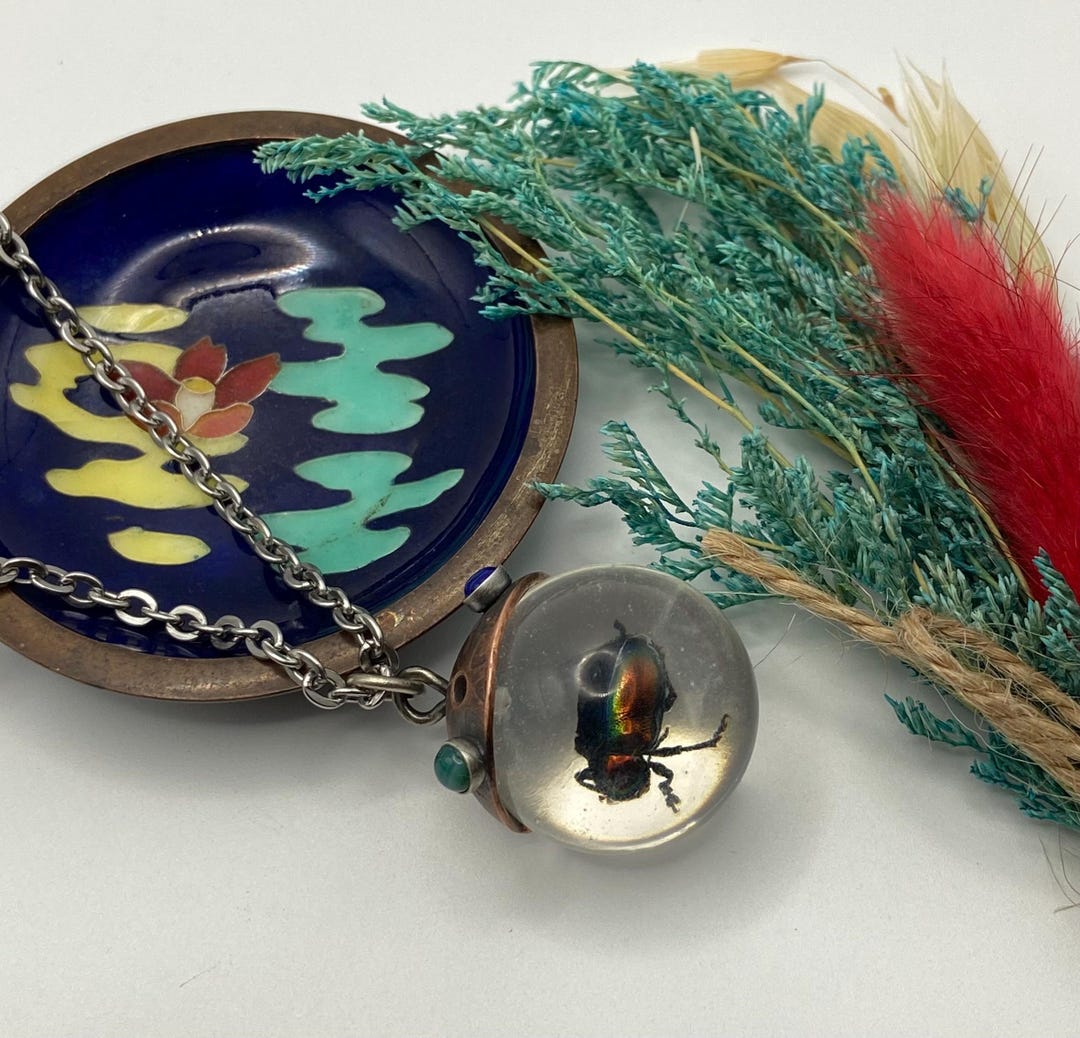Green Beetle Orb Necklace Made With Roll Printed Copper and Lapis Stone ...