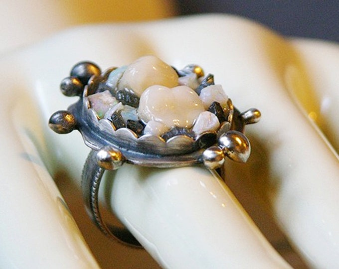 Duo Teeth Portrait Ring Made With Fake Teeth and Rough Opals - Etsy