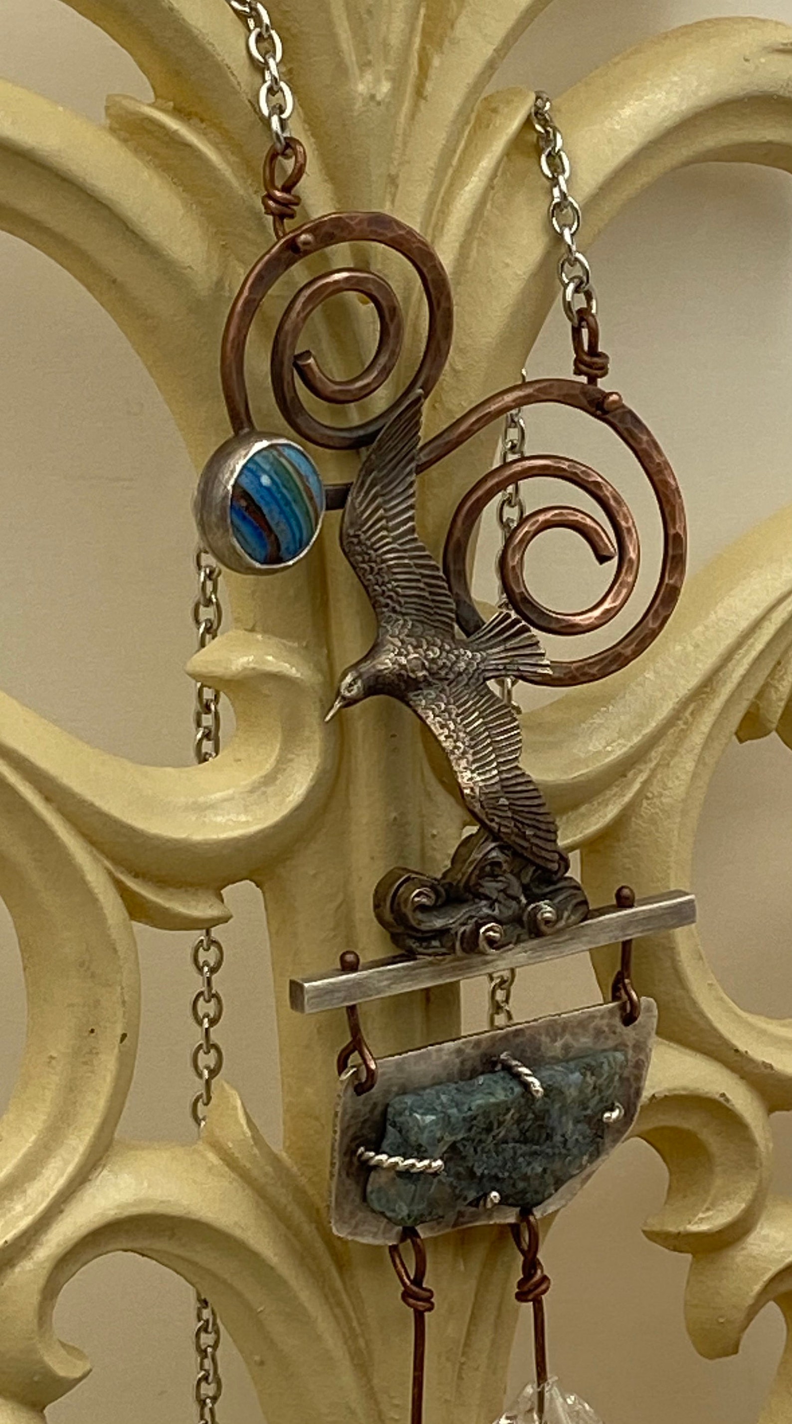 Riptide Necklace Made With Cast Bird and Rainbow Calsilica Stone - Etsy