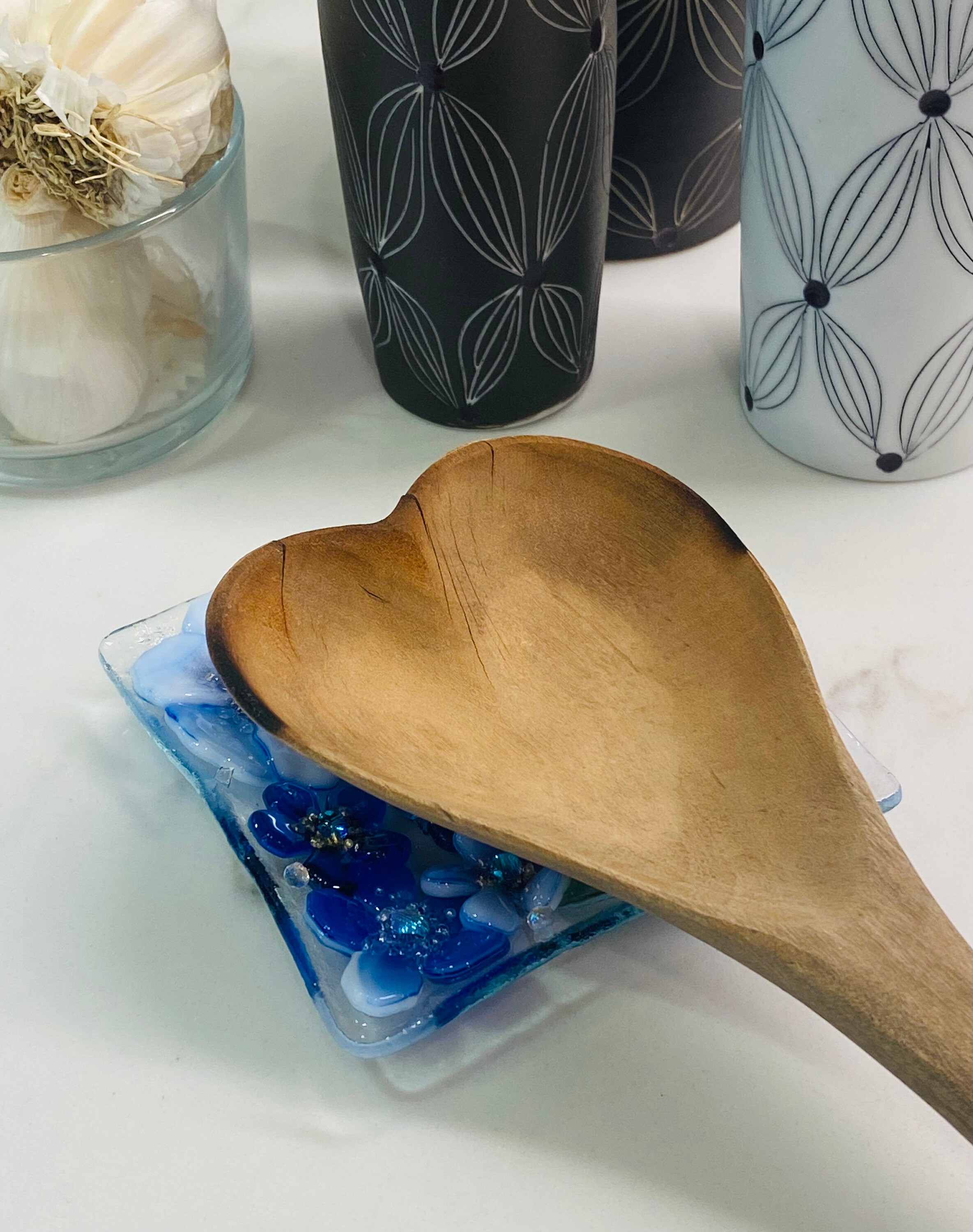 Fused Glass Spoon Rest: Blue Flower Trinket Dish, Handmade - Etsy