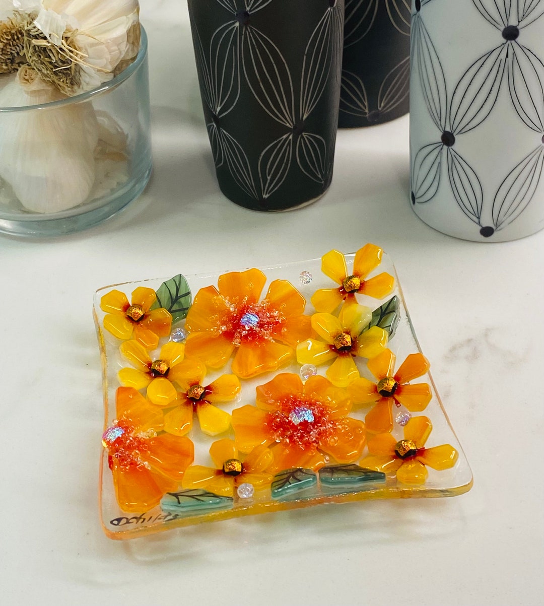 Fused Glass Orange Flower Spoon Rest/trinket Dish/ring Dish/soap Dish ...