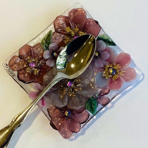 Fused Glass Purple/mauve Flower Spoon Rest/trinket Dish/ring Dish/soap ...