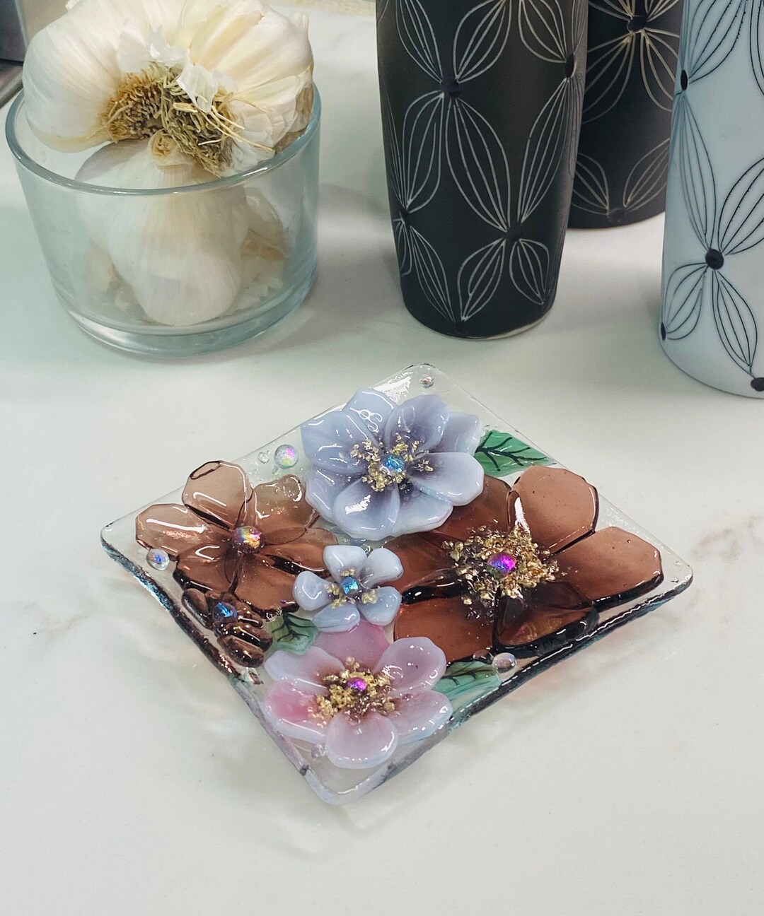 Fused Glass Purple/mauve Flower Spoon Rest/trinket Dish/ring Dish/soap ...