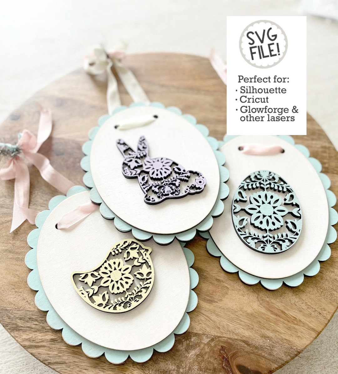 Easter Scalloped Ornaments SVG | Bunny, Chick, Egg Laser Cut File - Etsy