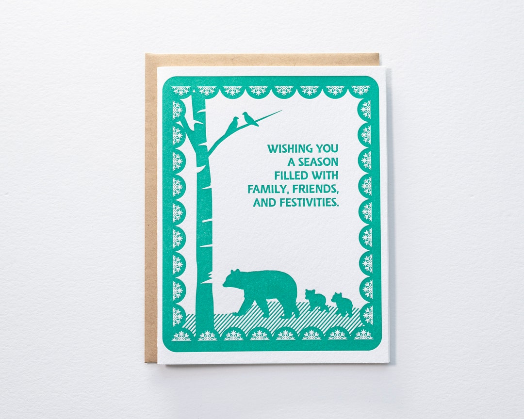 Holiday Season Wishes - Bears in Forest Papercut Style Letterpress Card ...