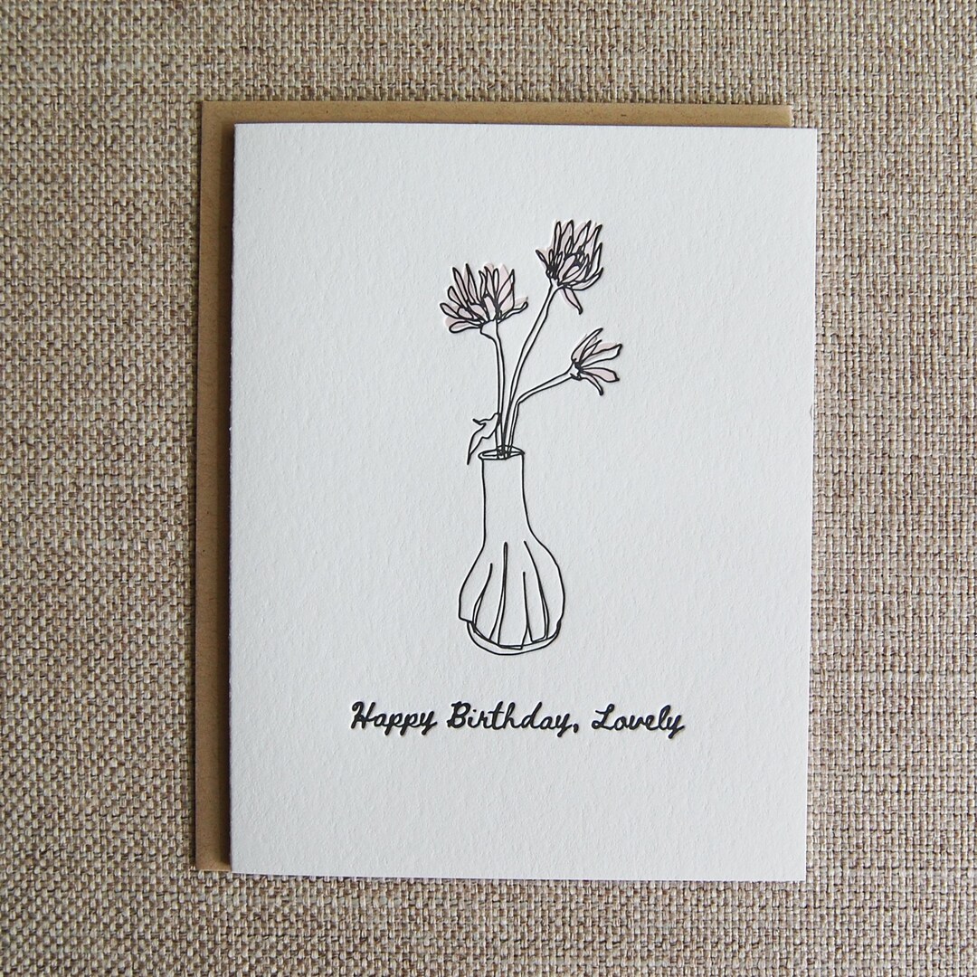 Happy Birthday, Letterpress Card, Flowers in Milk Glass, Line Drawing ...
