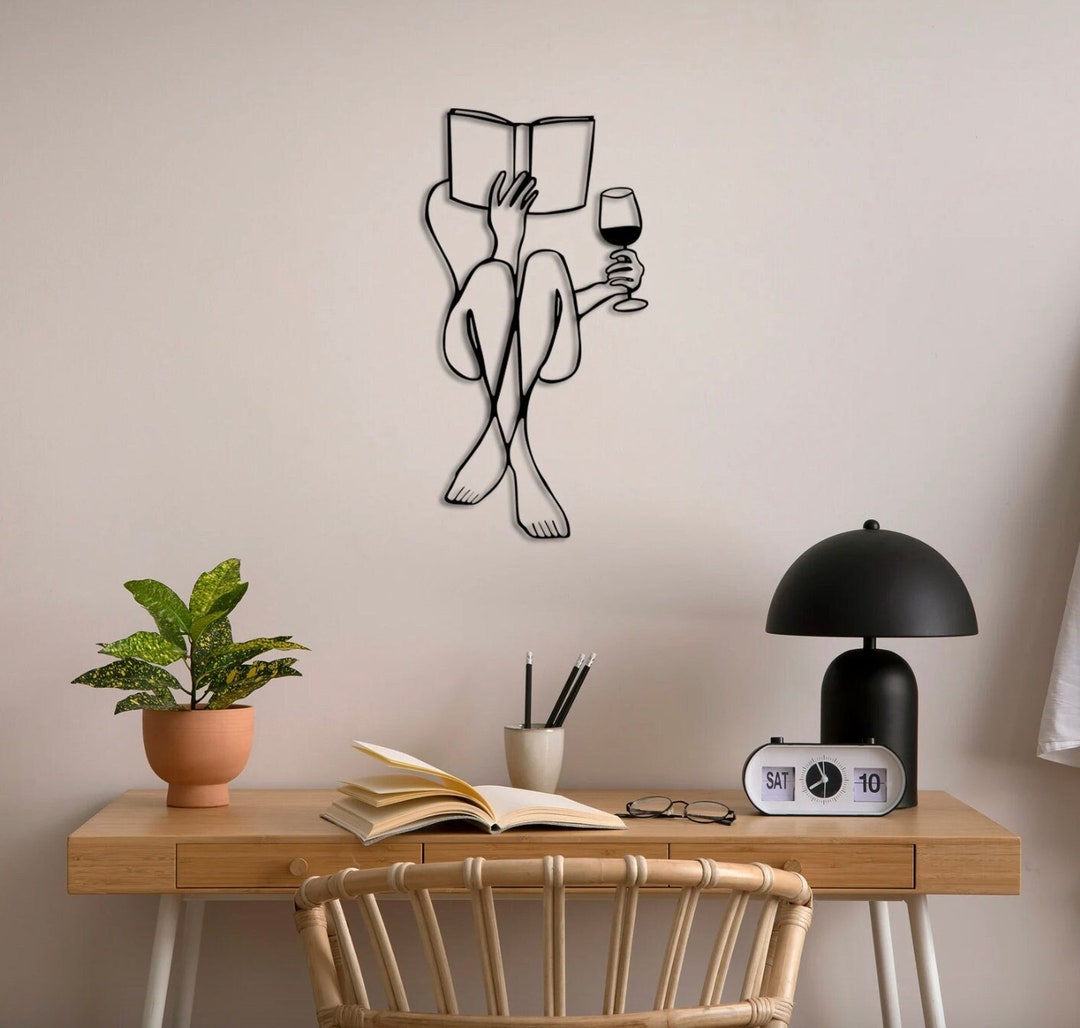 Women Reading a Book Whit Wine, Women Metal Wall Decor, Women Line Art ...