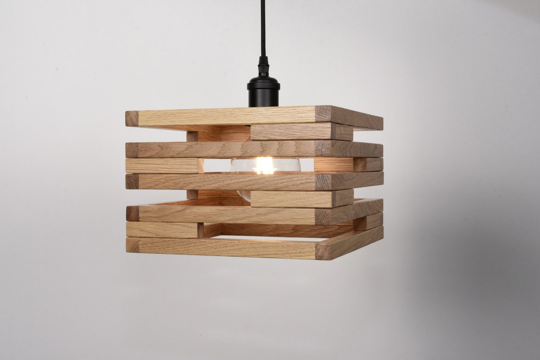 Building Blocks Wood Pendant Light, Oak Hanging Lamp, Living Room ...