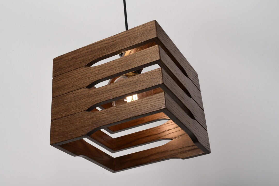 Wood Square Pendant Light, Single Light Lamp Made From Oak, Hanging ...