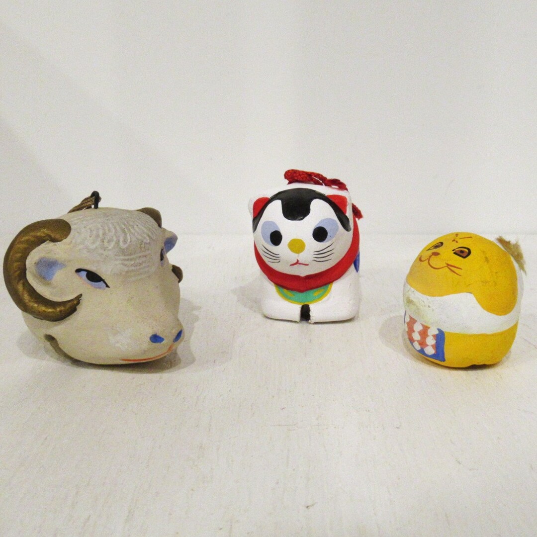 Tsuchisuzu sheep and Dog Earthen Bells. Set of 3. Japanese Vintage ...
