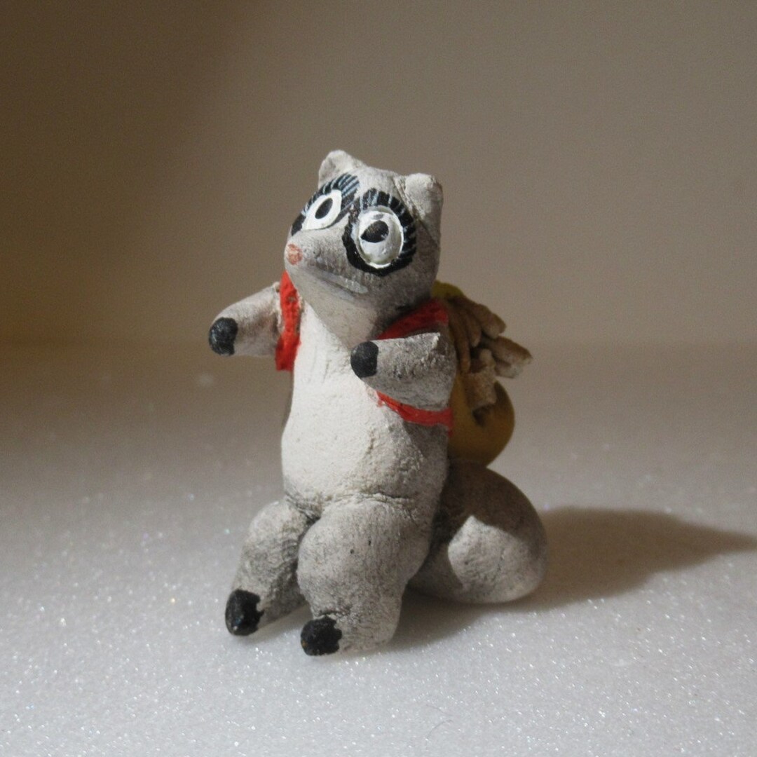 Tanuki Carrying Firewood on His Back, Raccoon Dog Clay Pottery Mini ...