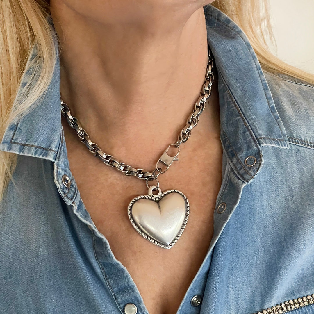 Oversized Heart Necklace, Chunky Silver Chain Choker, Large Heart ...