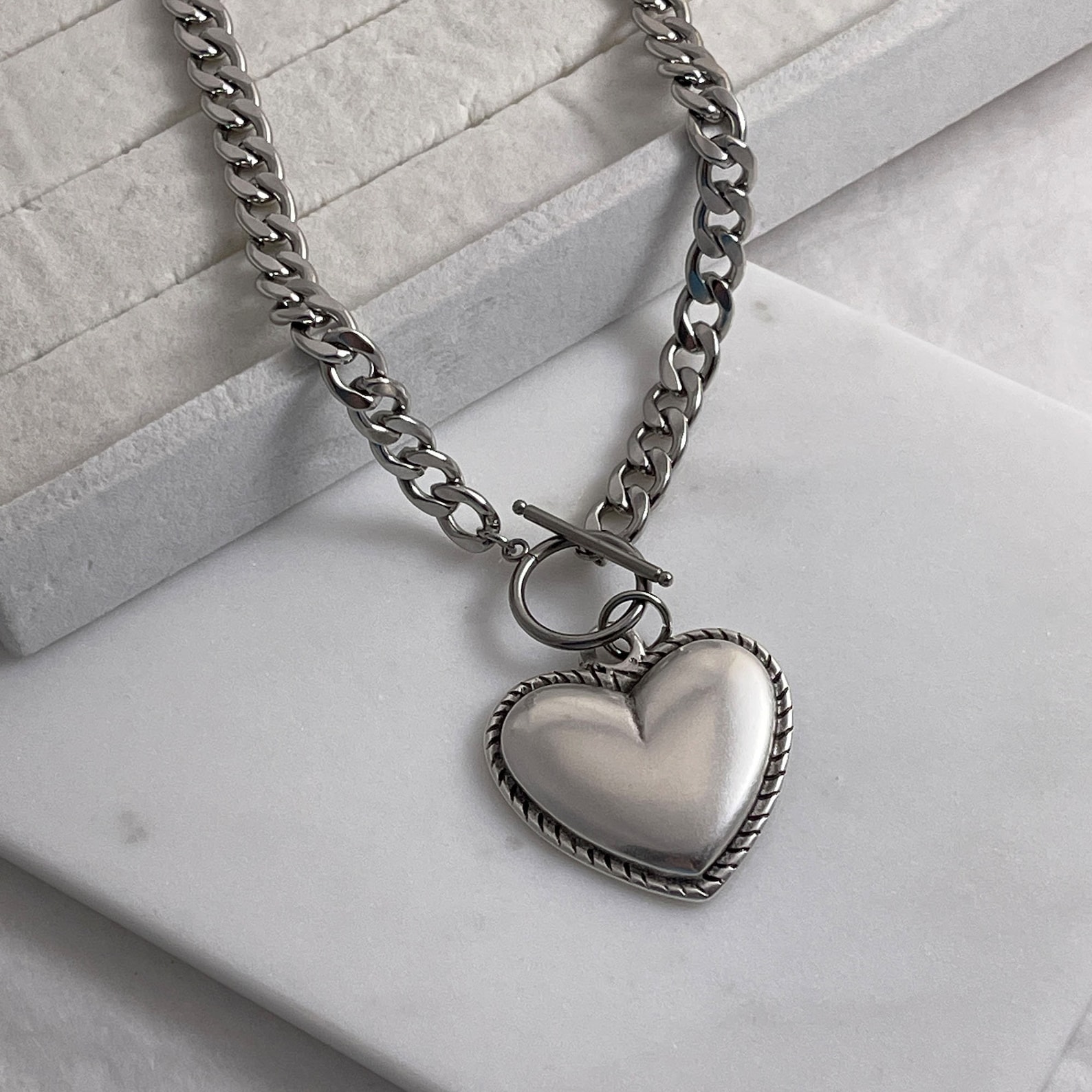 Chunky Heart Necklace, Silver Curb Chain Choker, Large Heart Pendant ...
