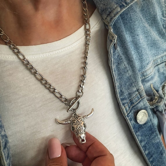 Bull Skull Necklace Longhorn Western Jewelry Animal Skull Pendant Rodeo Charm Best Selling Items Chunky Figaro Chain Gifts for Her Him Etsy