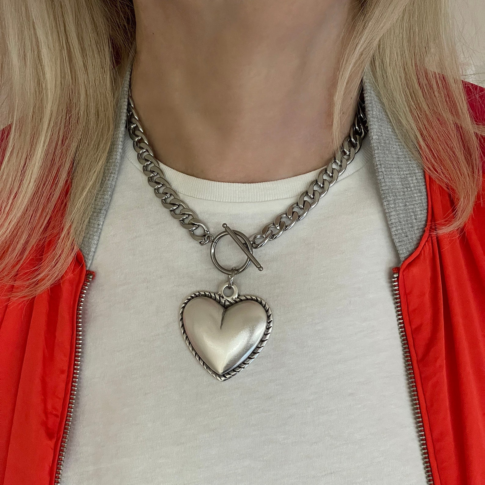 Chunky Heart Necklace, Silver Curb Chain Choker, Large Heart Pendant ...